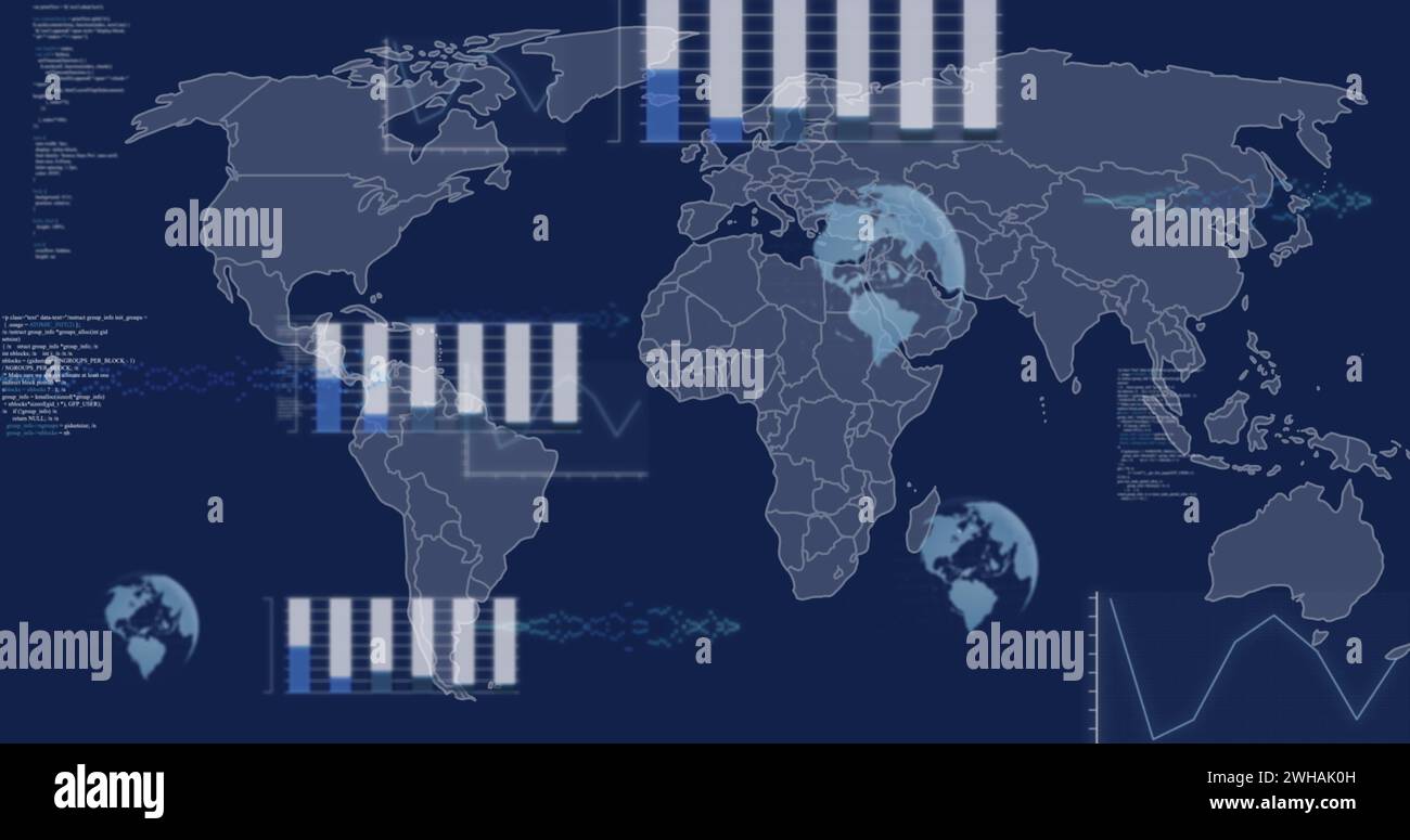 Image of statistics and data processing over world map Stock Photo - Alamy