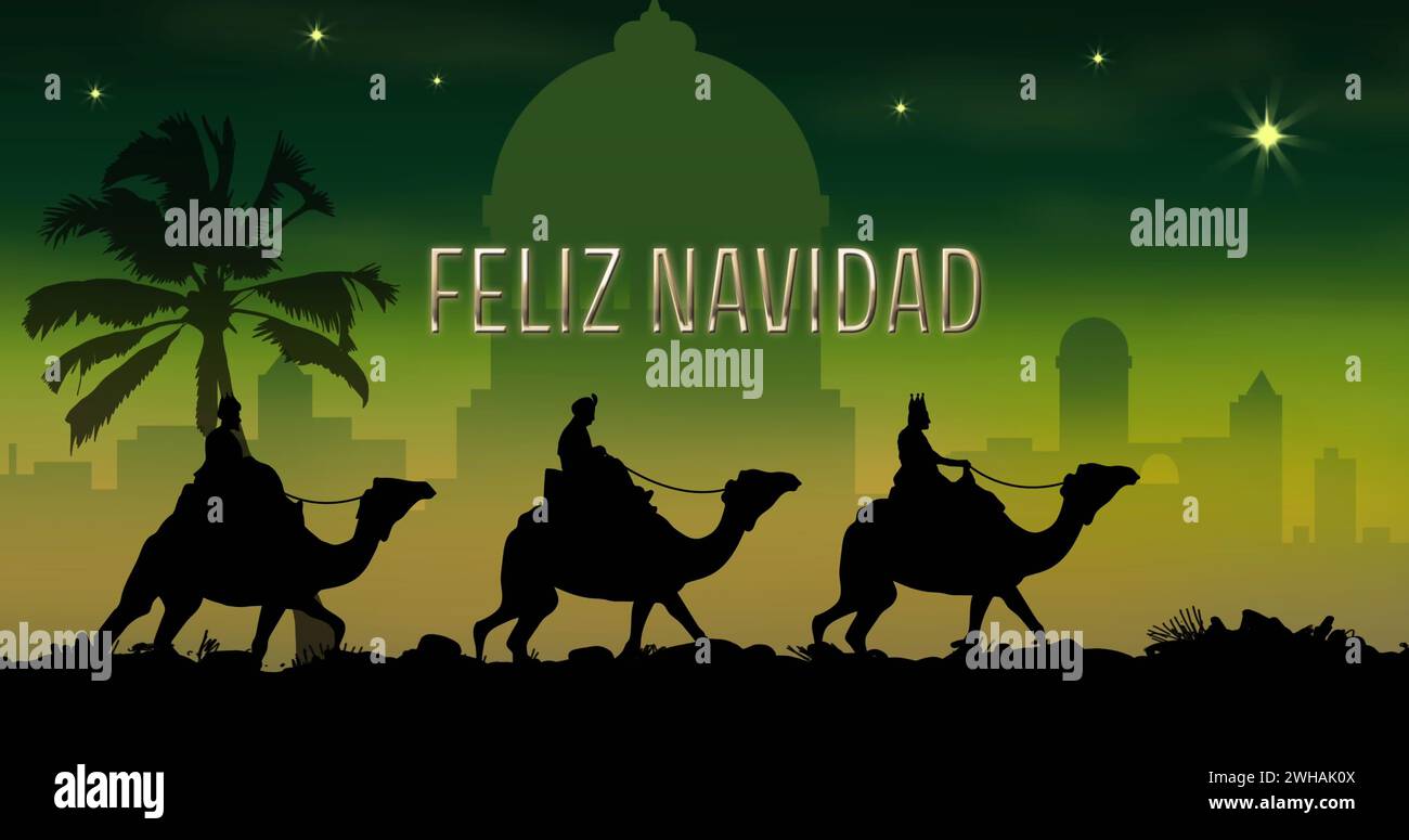 Image of feliz navidad text over three wise men on green background ...