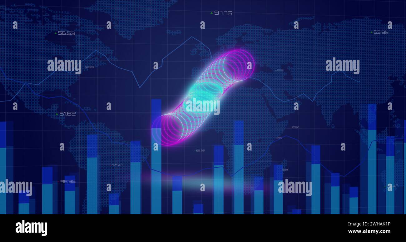Image of circles over digital screen with financial graphs and world ...