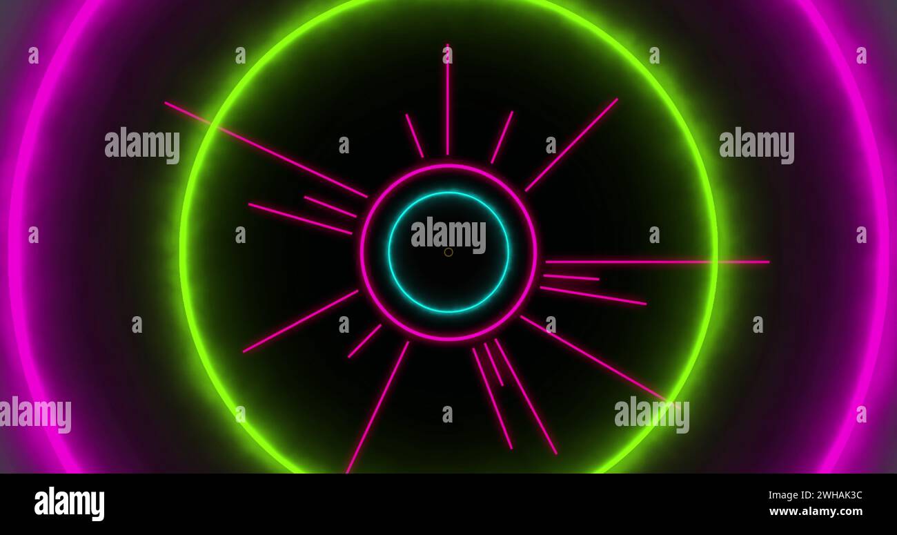 Image of neon circle over black background with pulsating circles. Digital screen, interface and ...