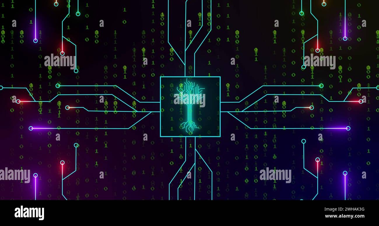 Image of integrated circuit over binary code on digital screen Stock ...