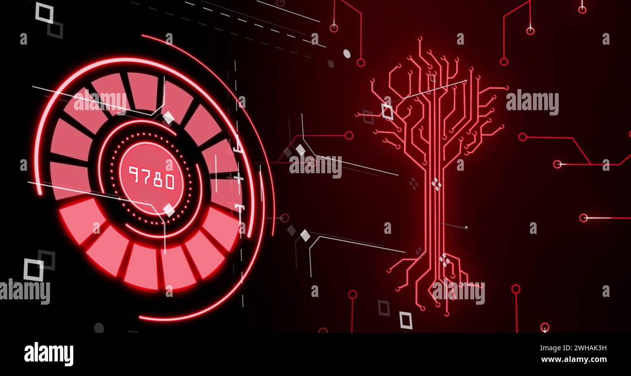 Image of integrated circuit over processing circle on digital screen ...
