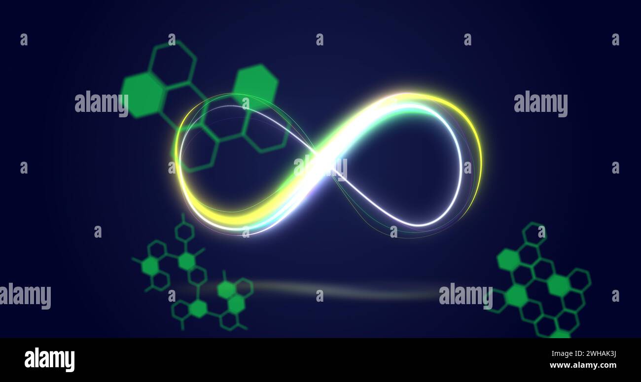 Image of infinity over data and chemical formulas on navy background ...