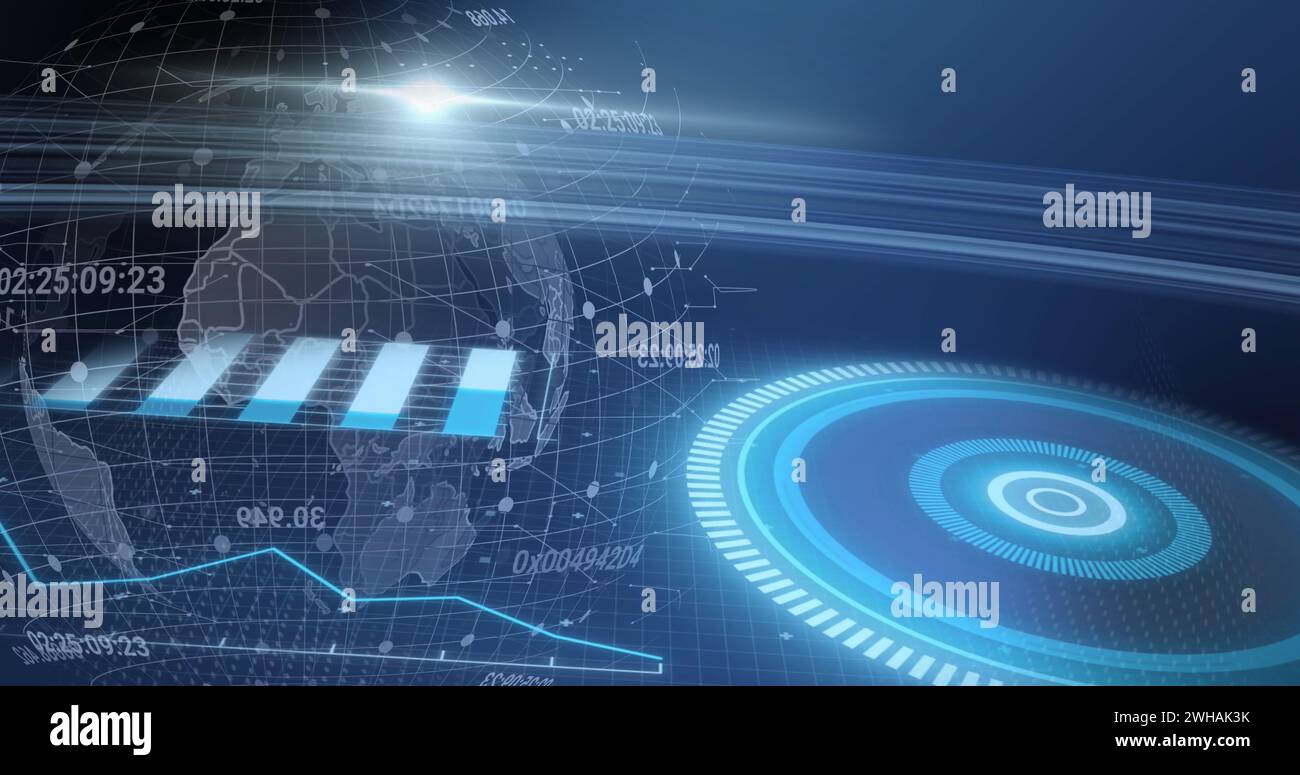 Image of scope, data processing over globe Stock Photo - Alamy