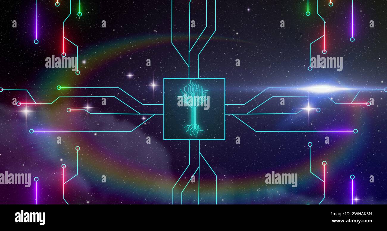 Image of integrated circuit over lights and stars in digital space ...