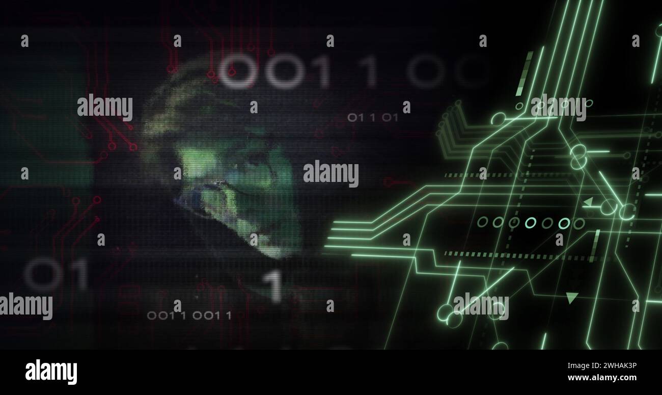 Image of data processing over integrated circuit and caucasian male hacker Stock Photo - Alamy