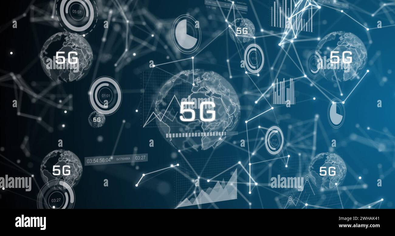 Image of 5g over globes and connections on navy digital screen Stock ...