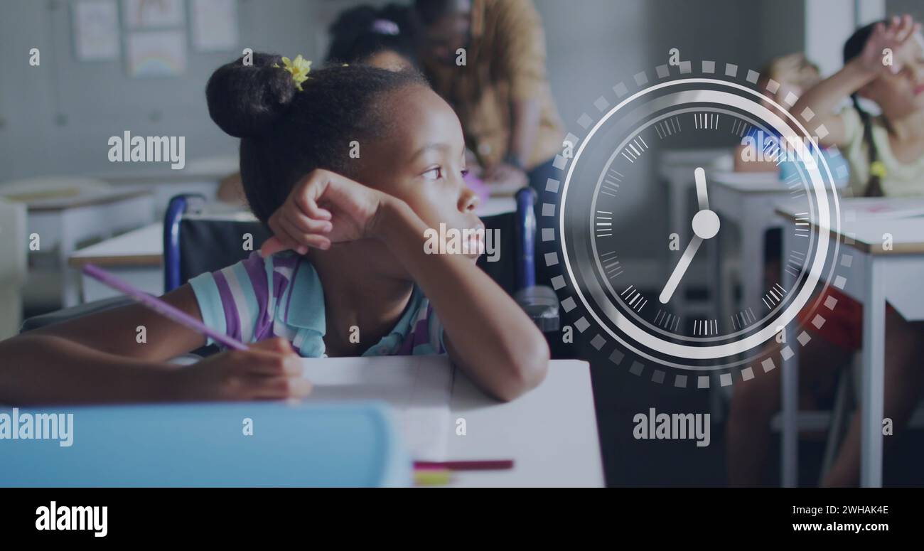 Image of clock over bored african american schoolgirl at desk in class ...