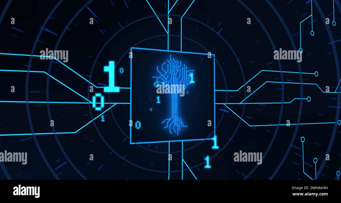 Image of binary code and integrated circuit in black digital space ...