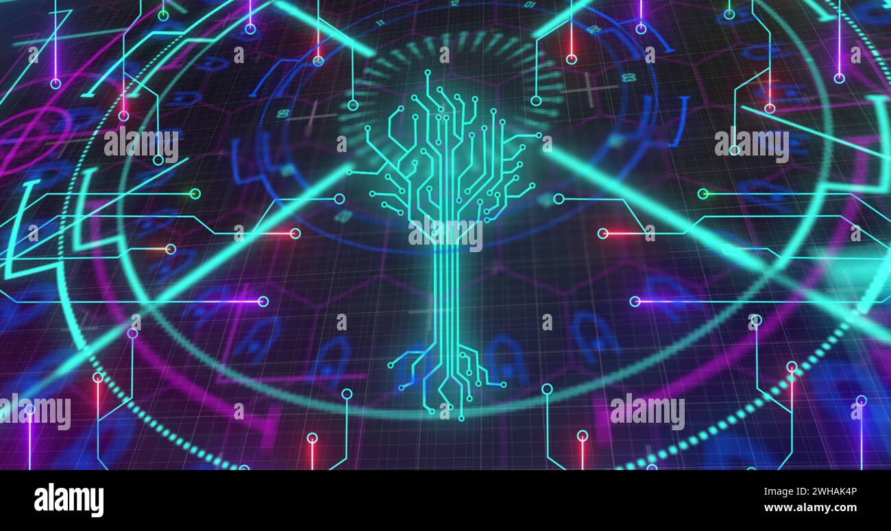 Image of digital screen and integrated circuit in black digital space ...
