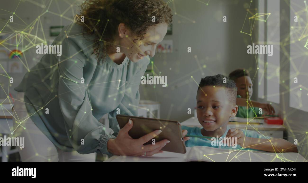 Image of networks over smiling diverse female teacher with tablet and ...