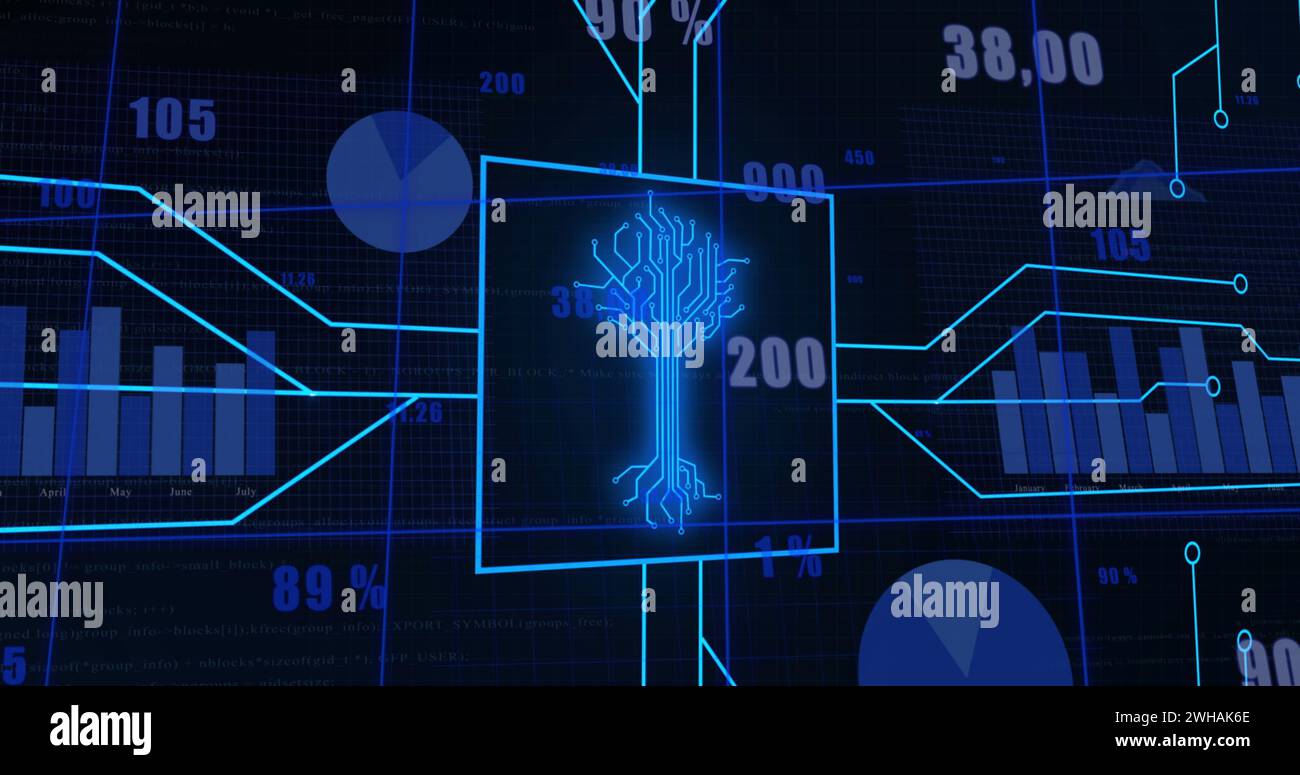 Image of integrated circuit over data and graphs on digital screen ...