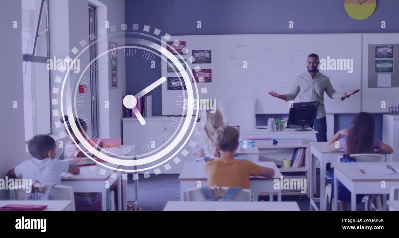Image of clock over african american male teacher talking to pupils at ...