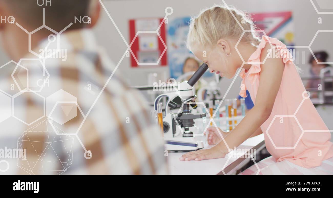 Image of elemental diagrams over smiling caucasian schoolgirl using microscope in science class ...