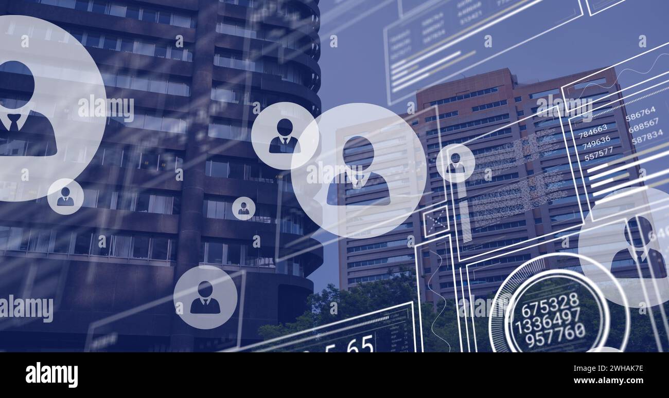 Image of data processing with icons over cityscape Stock Photo - Alamy