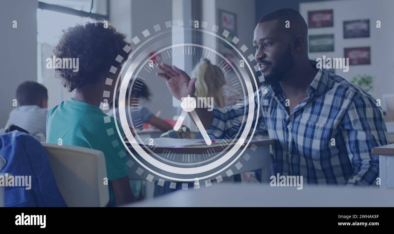 Image of clock over african american male teacher high fiving with ...