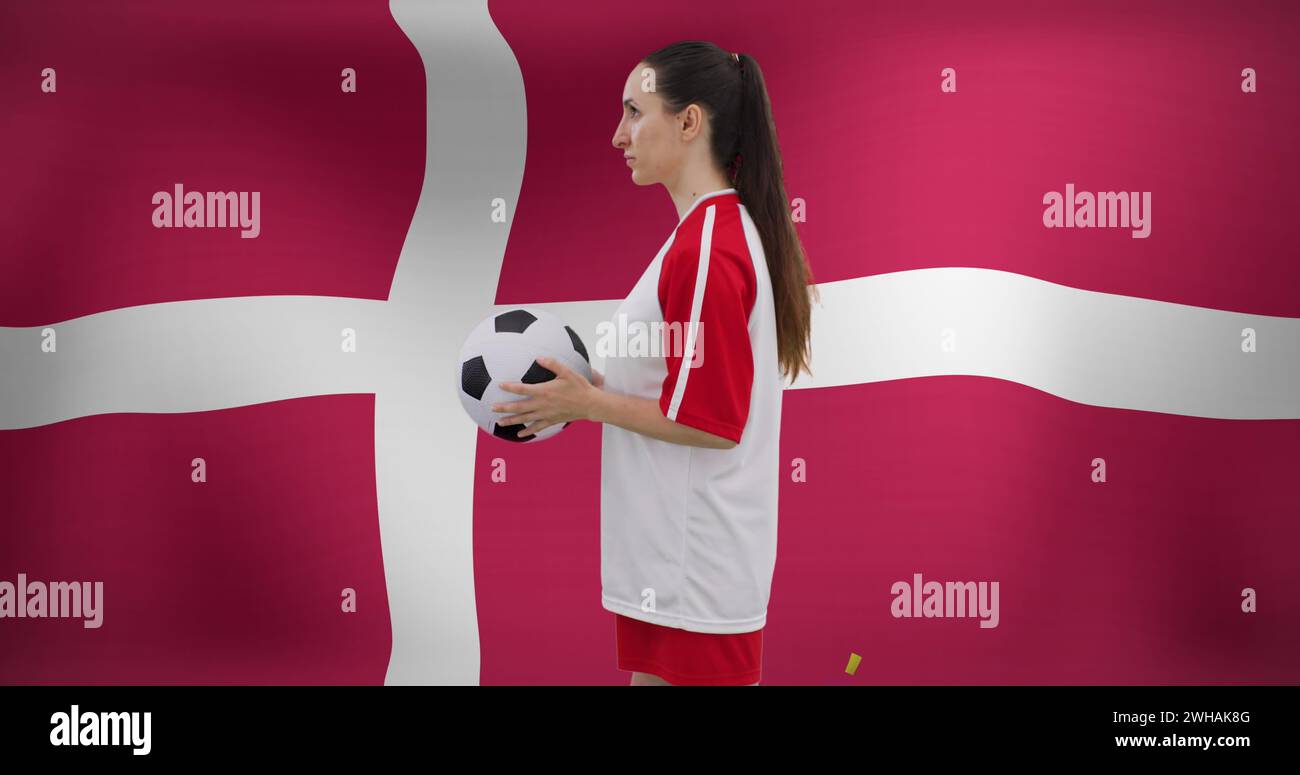 Image of caucasian female soccer player over flag of denmark Stock ...