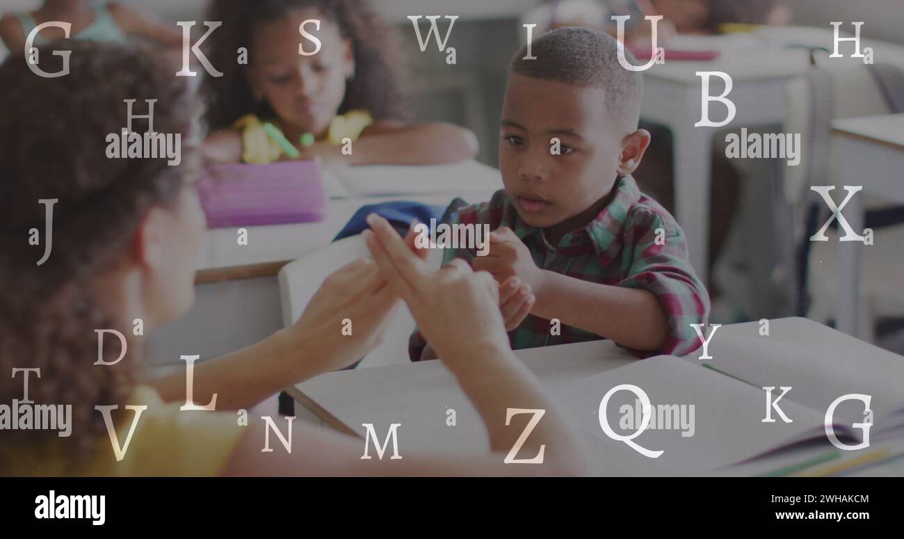 Image of letters over diverse female teacher and schoolboy signing in ...