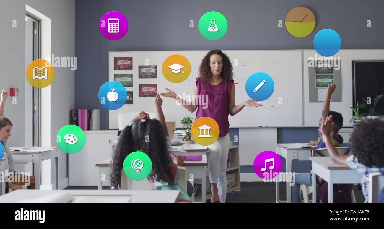 Image of school icons over diverse female teacher and pupils raising ...