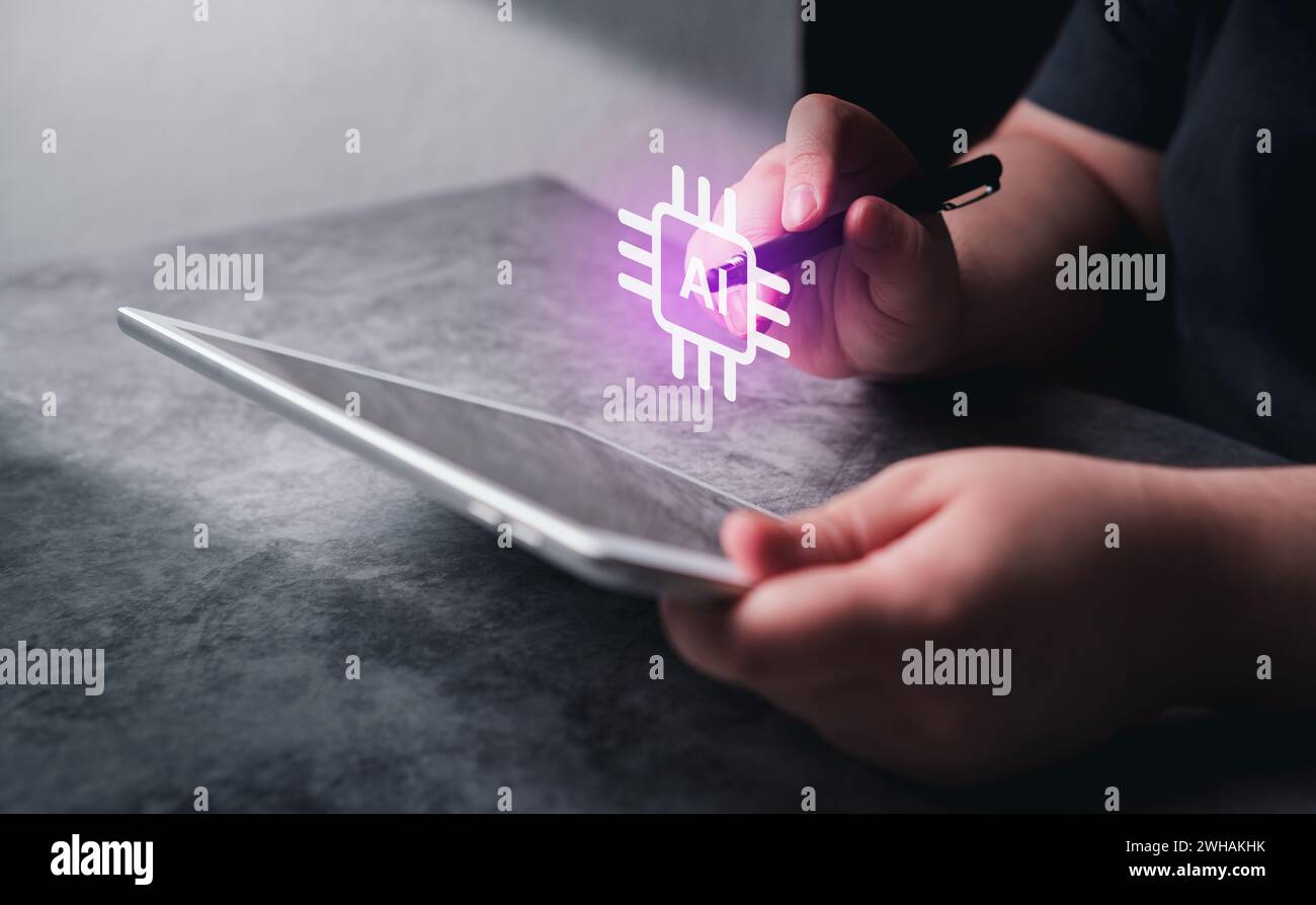 Woman Use Digital Tablet With The Power Of Ai Chip Hologram Chat Bot