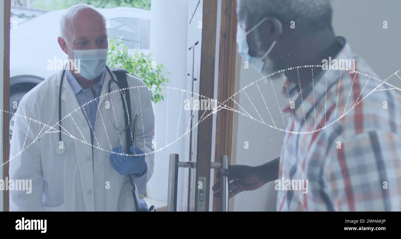 Image of dna strand over senior african american man opening door for ...