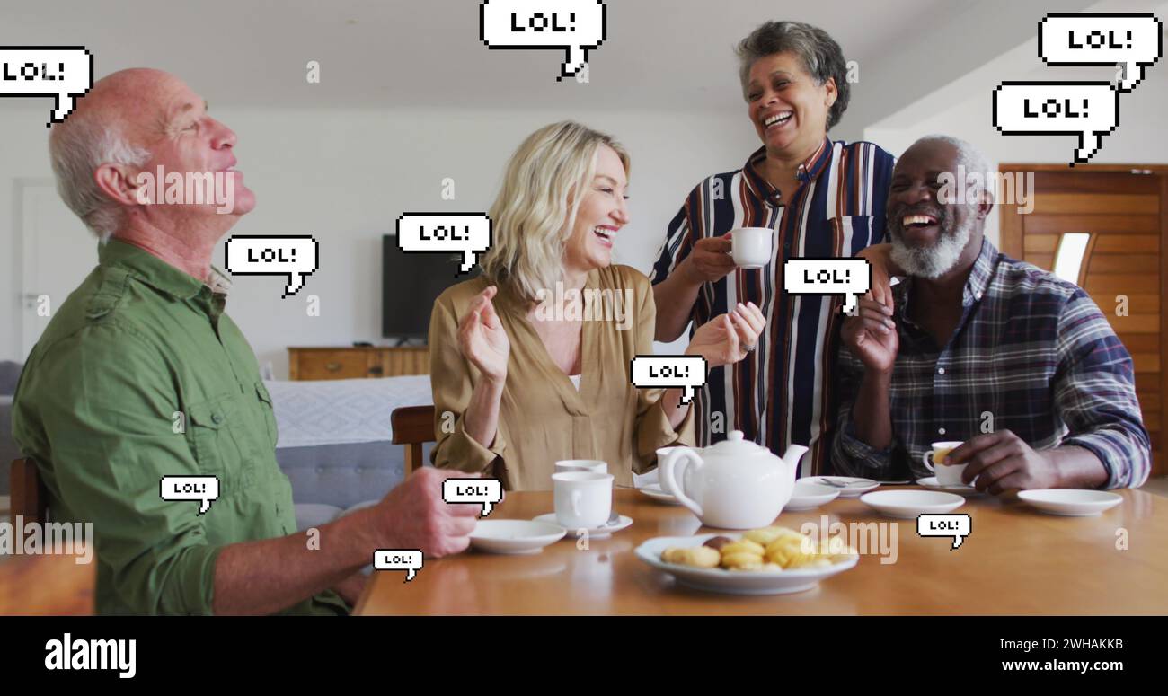 Image of lol texts over diverse group of seniors talking Stock Photo ...