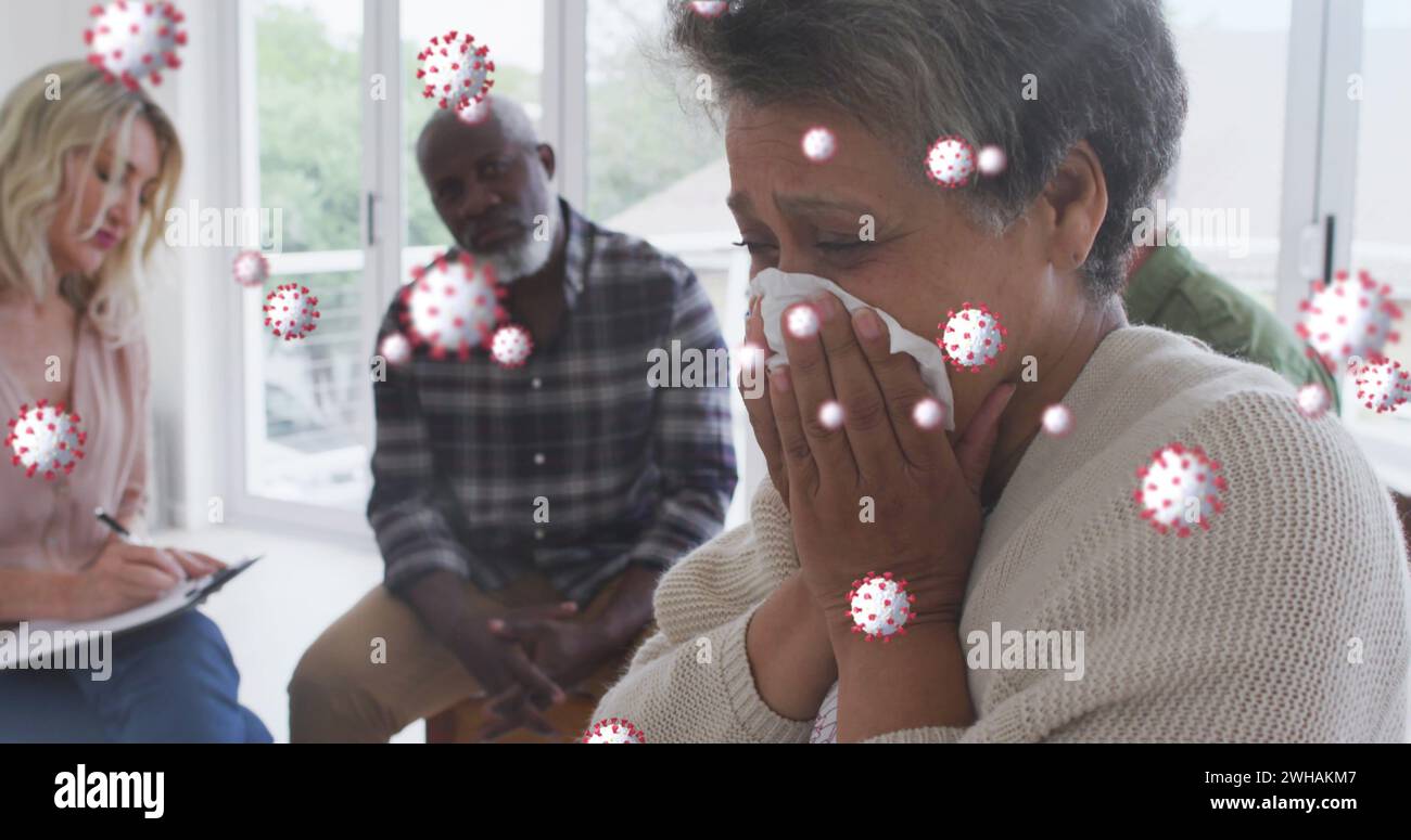 Image of virus cells over diverse group of seniors talking Stock Photo ...