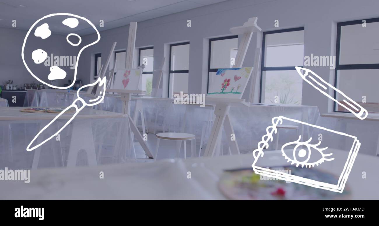 Image of palette, paint brush, pencil and sketchbook over paintings on ...