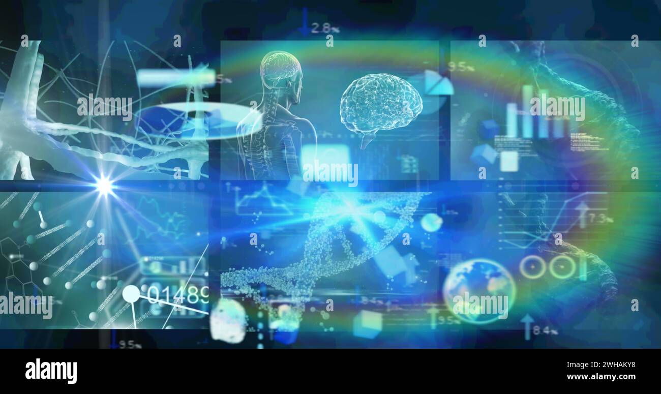 Image of medical data processing on screens on blue background Stock ...