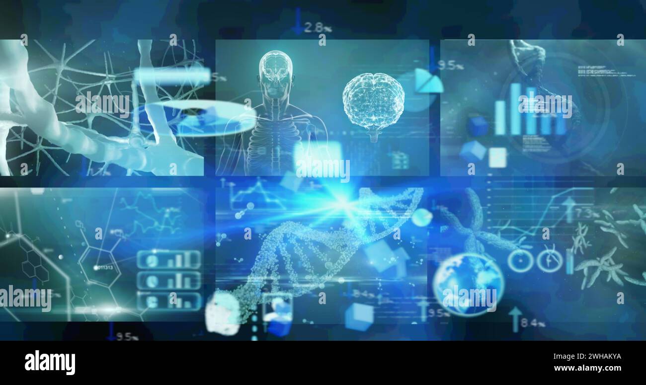 Image of medical data processing on screens on blue background Stock ...