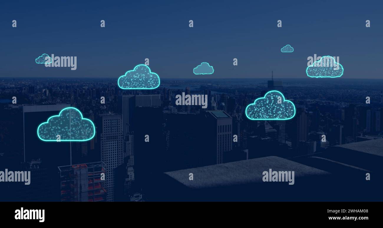 Image of digital clouds flying over cityscape Stock Photo - Alamy