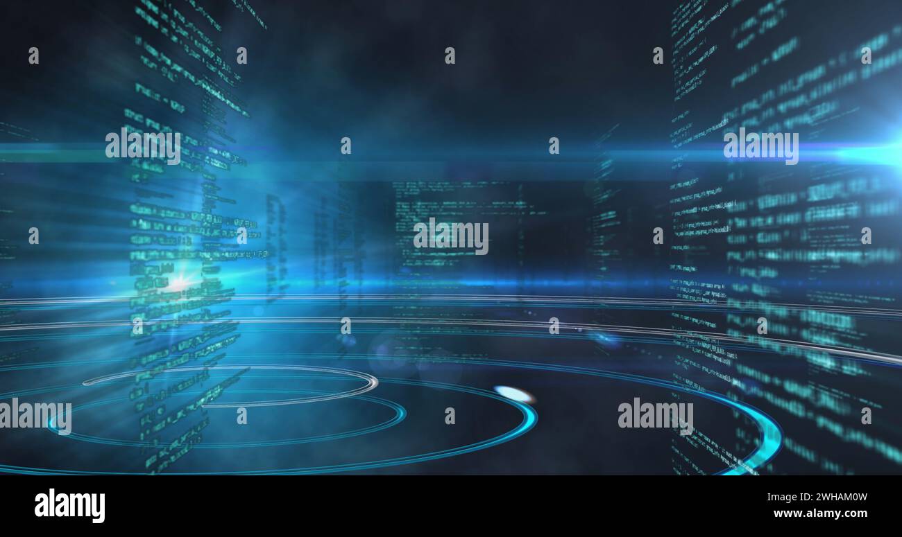 Image of data processing over blue glowing light trails Stock Photo - Alamy