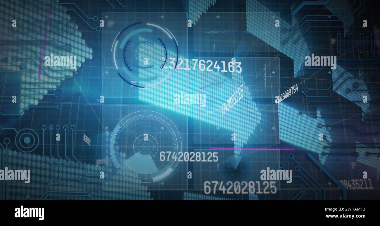 Image of scopes scanning, data processing with glowing arrows on blue background. digital ...