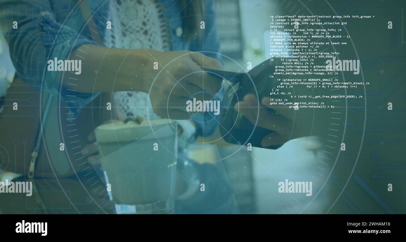 Image of data processing and scope scanning over woman making ...