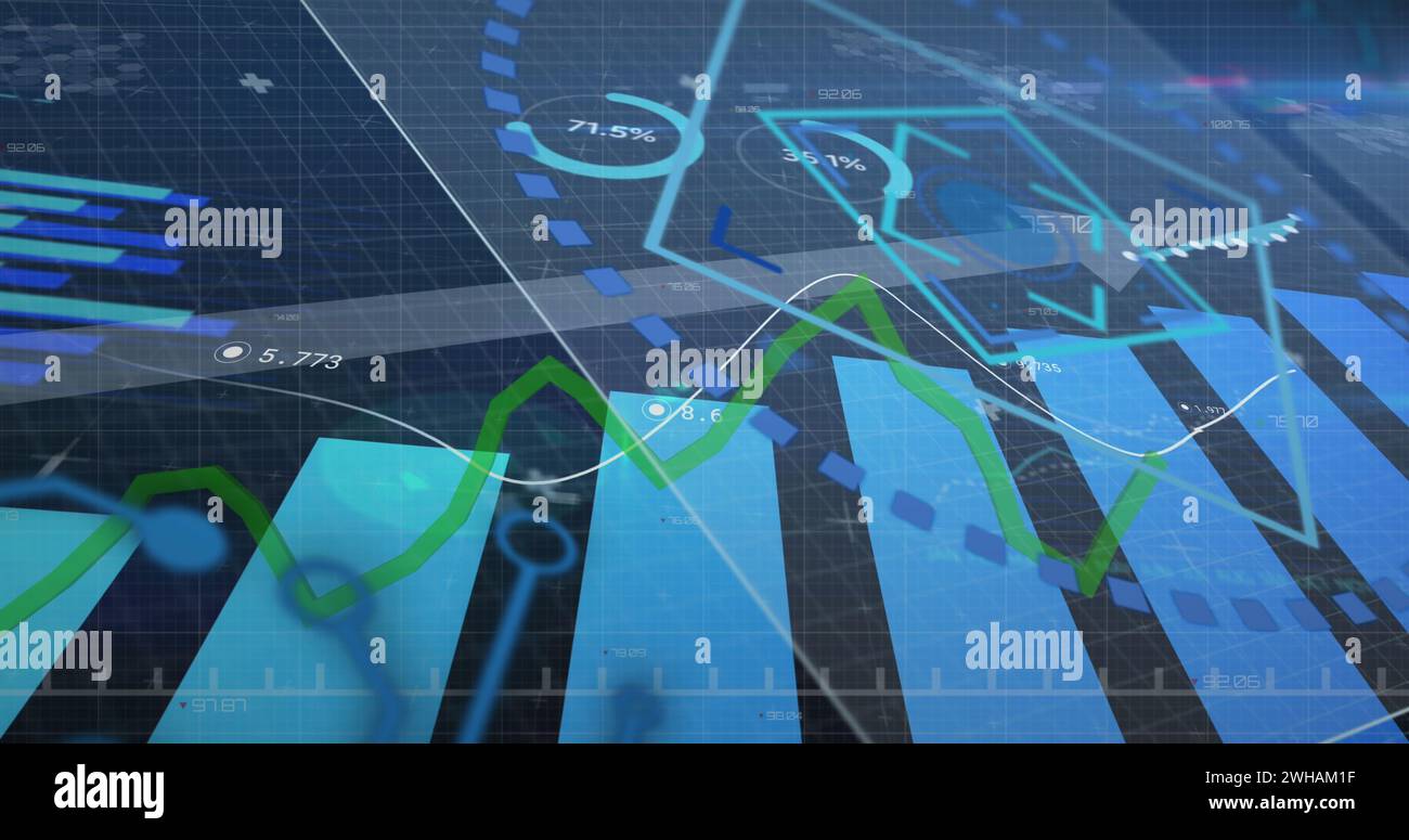 Image of statistics recording with green line and data processing on ...