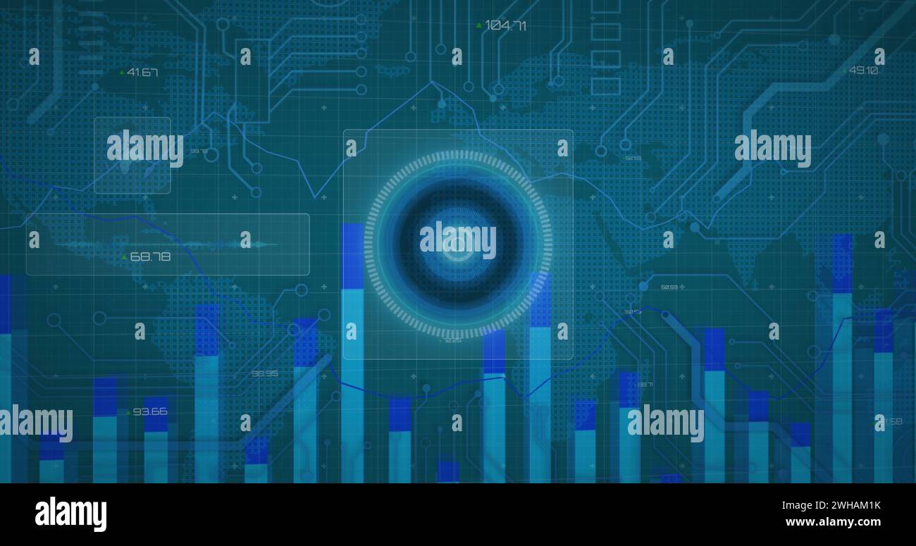 Image of scope scanning and data processing with world map on blue background Stock Photo - Alamy