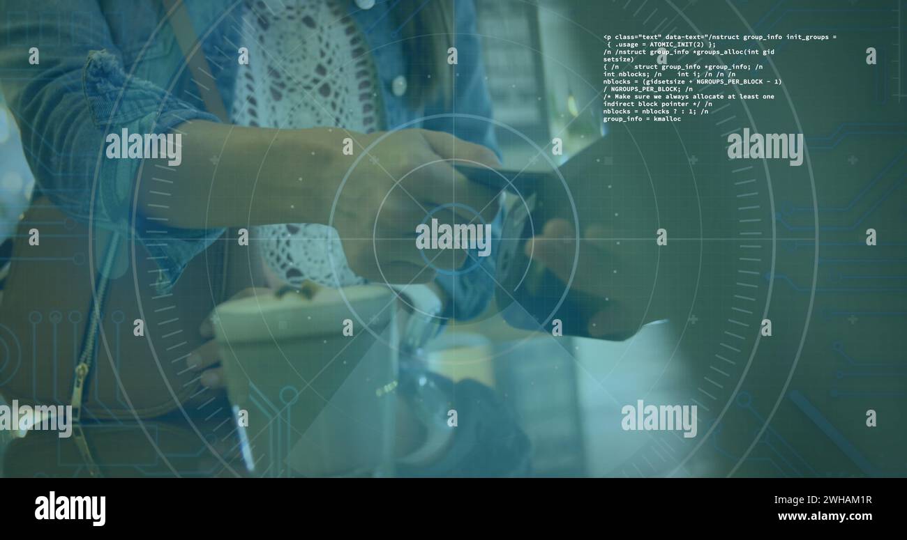 Image of data processing and scope scanning over woman making ...