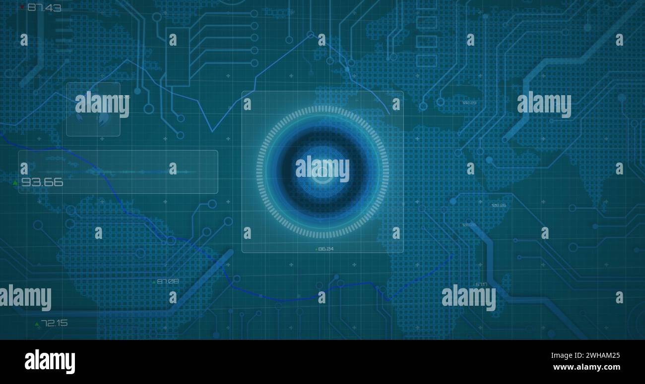 Image of scope scanning and data processing with world map on blue background Stock Photo - Alamy