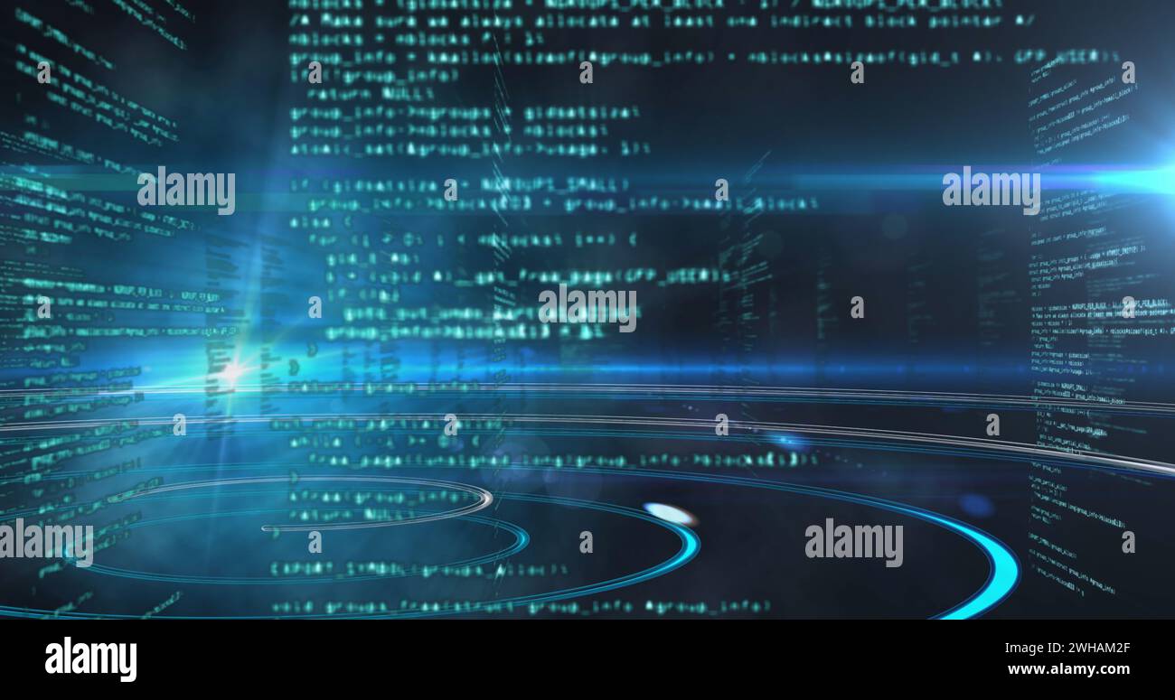 Image of data processing over blue glowing light trails Stock Photo - Alamy