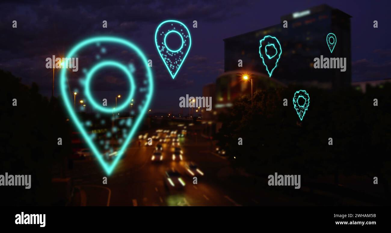 Image of digital location icons flying over cityscape Stock Photo - Alamy