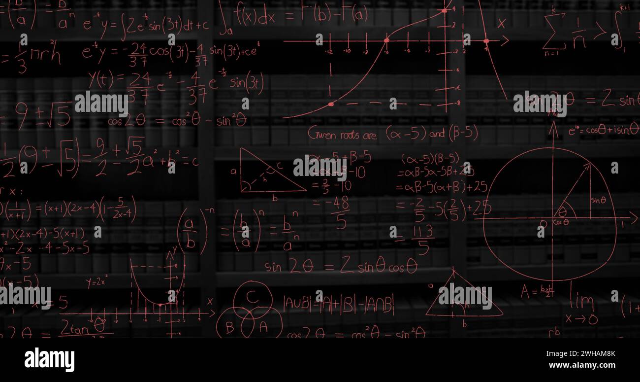 Digital image of books in a shelf while mathematical equations and ...