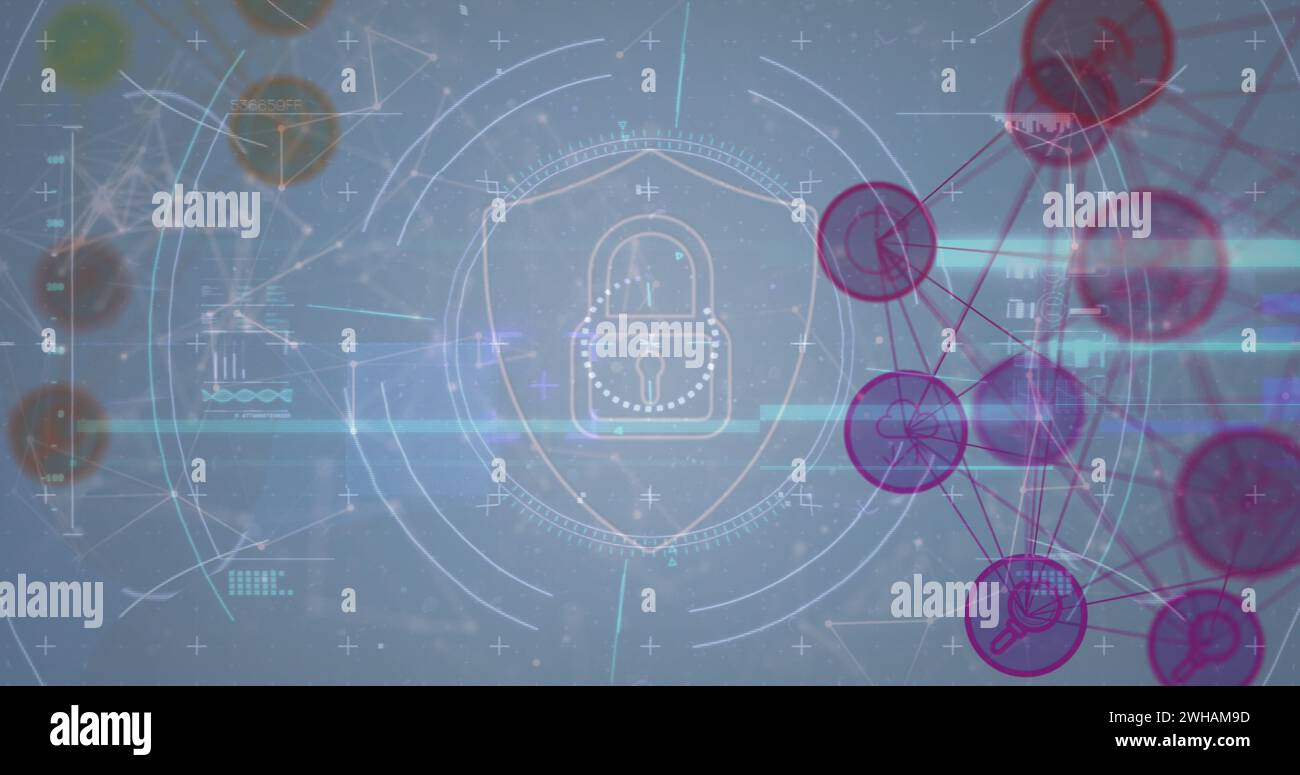 Image of networks of connections with online padlock security over grey ...