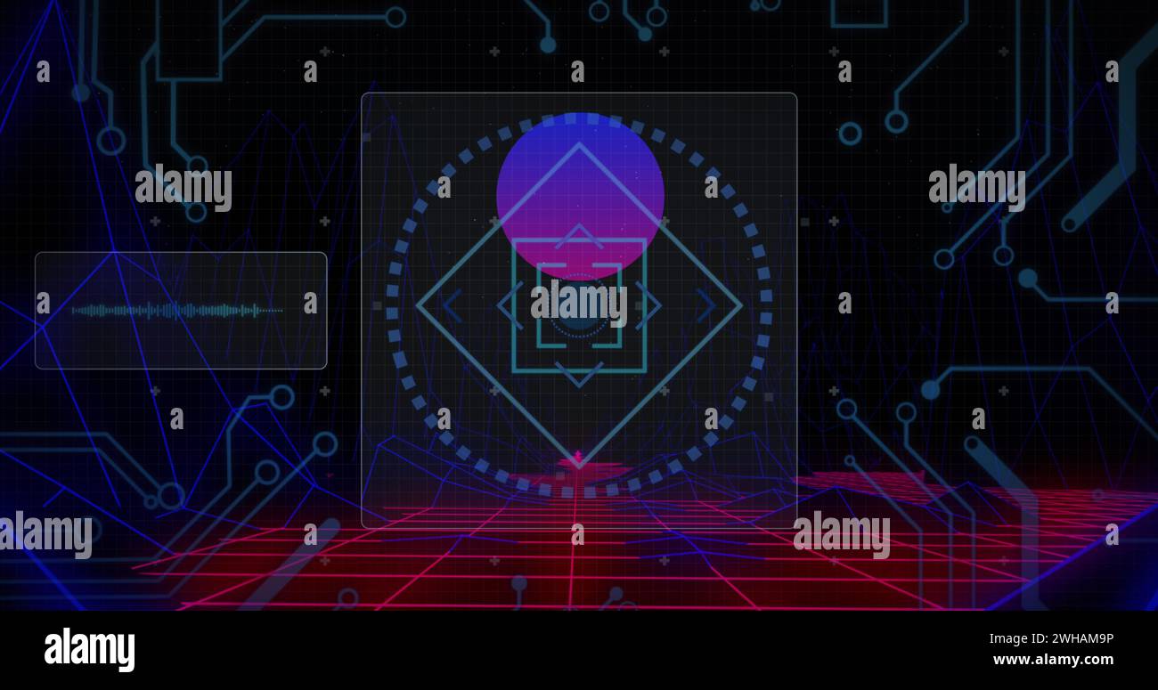 Image of scope scanning over circles and circuit board elements on blue background Stock Photo ...