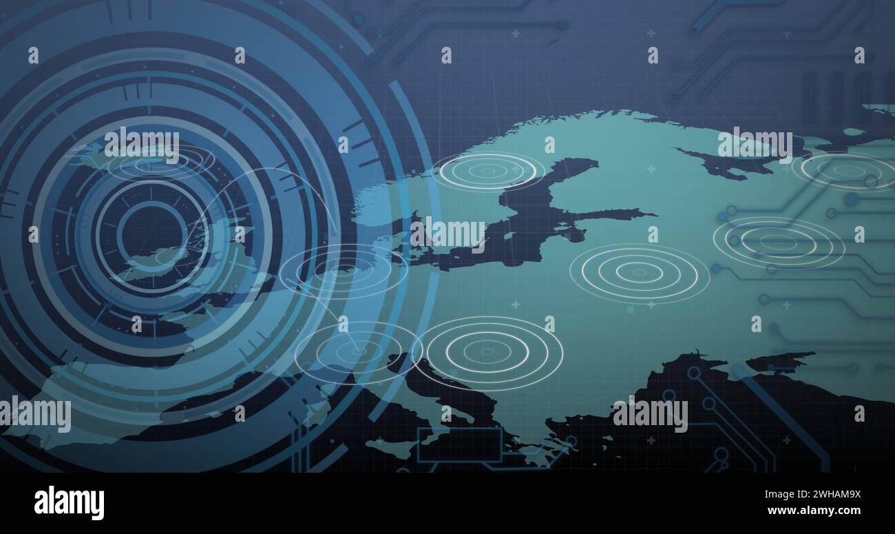 Image of scope scanning with data processing over world map in background Stock Photo - Alamy