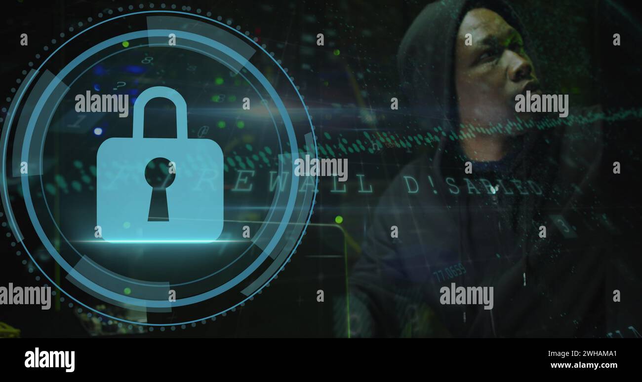 Image of data processing over african american male hacker in server ...