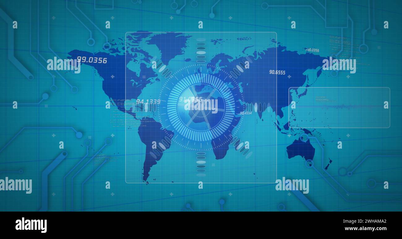 Image of scope scanning with numbers changing over world map on blue background Stock Photo - Alamy