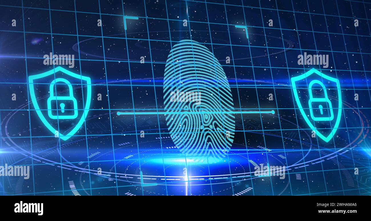 Image Of Biometric Fingerprint And Online Security Padlocks On Blue