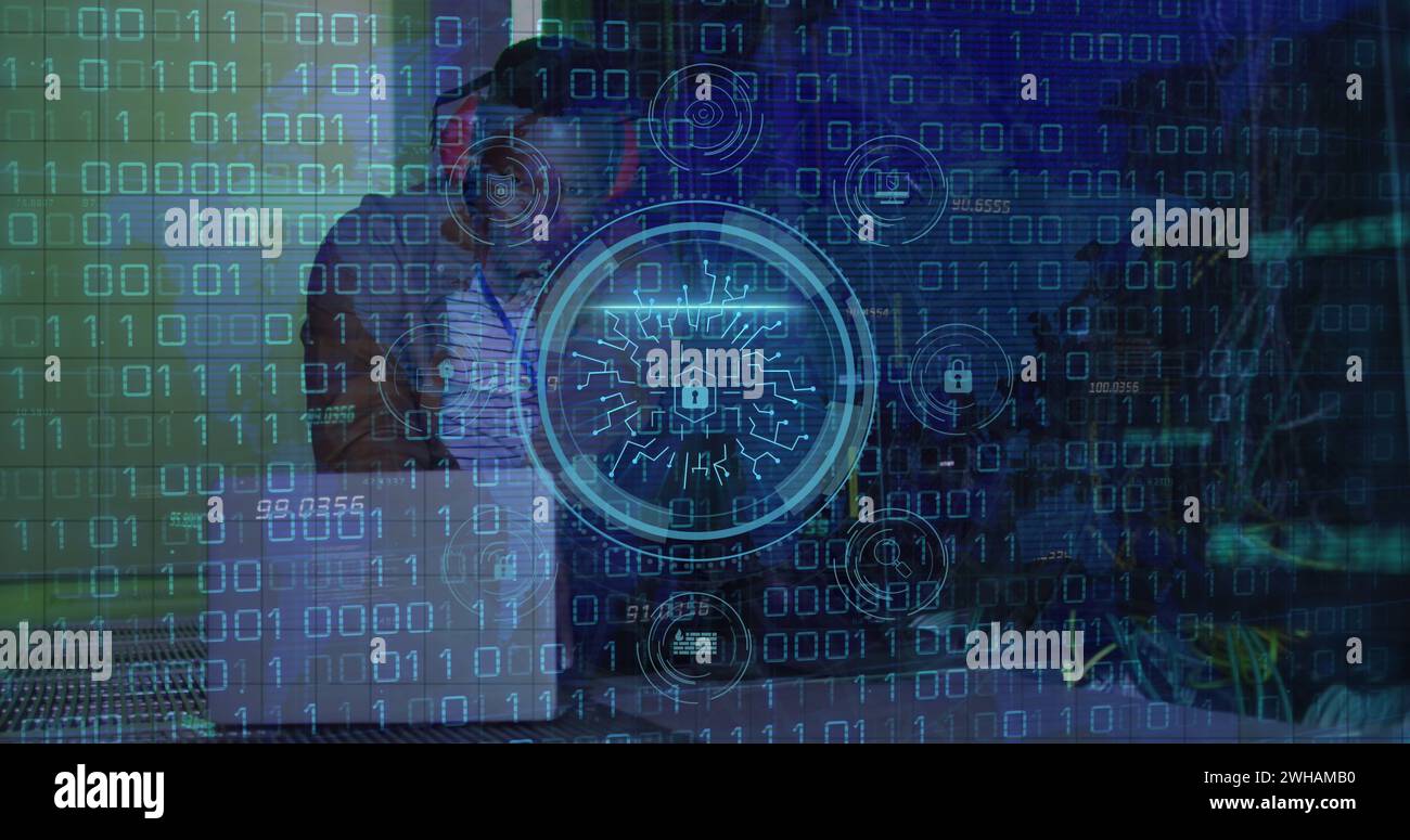 Image of data processing over african american male worker in server ...