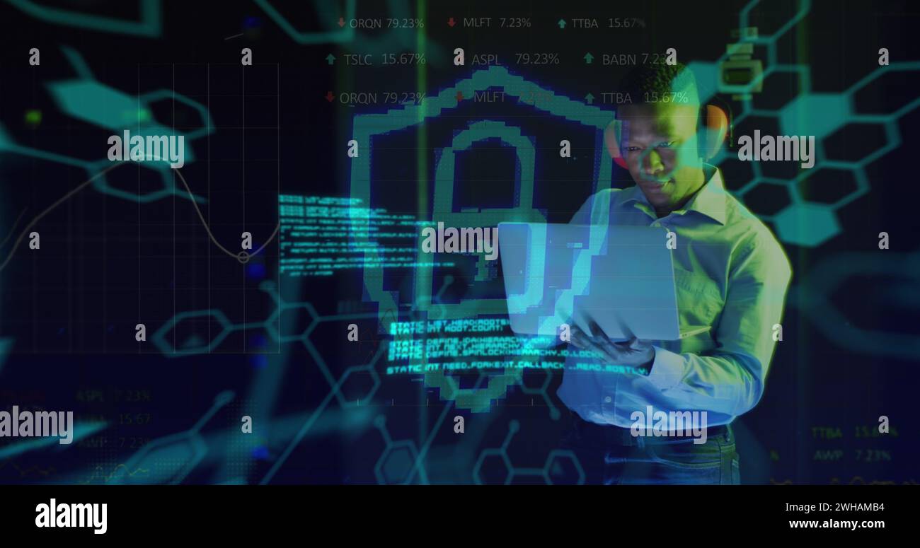 Image of data processing over african american male worker in server ...