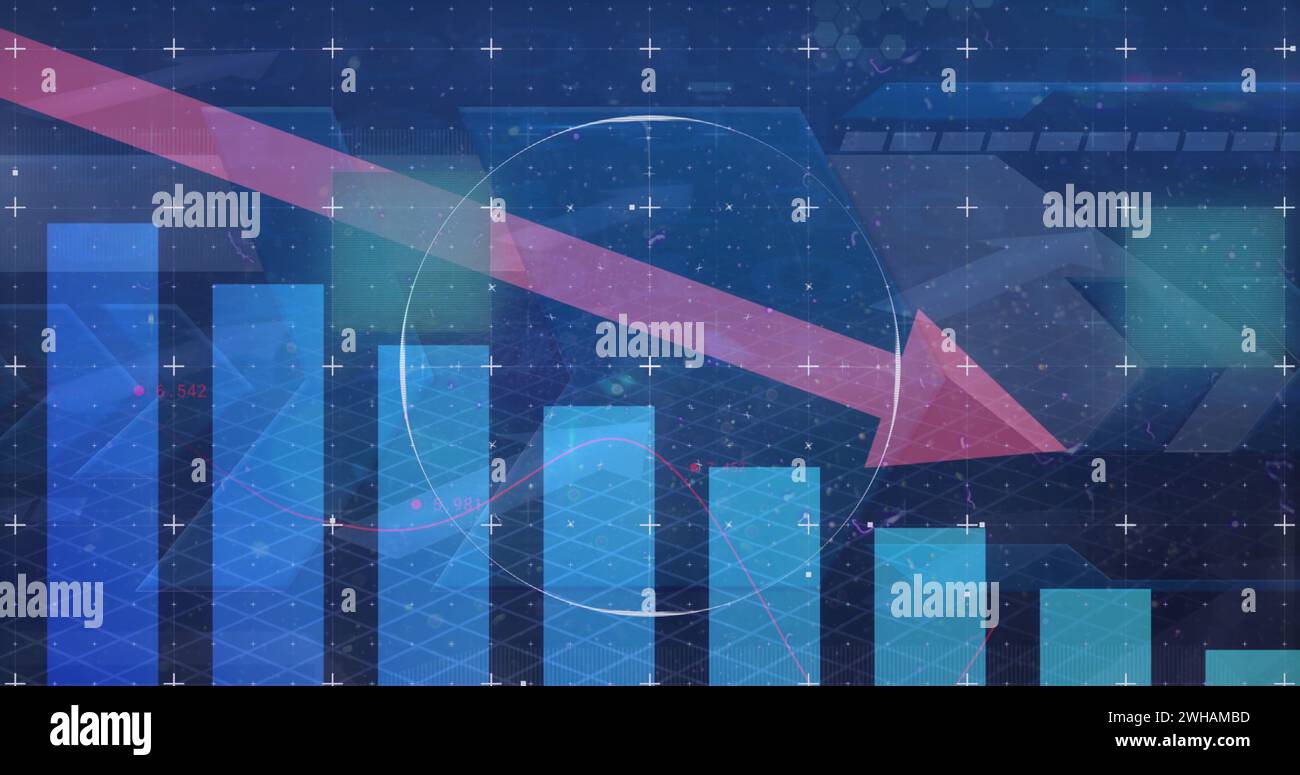 Image of red arrow descending with statistics and data processing on ...